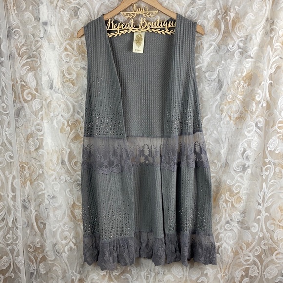 Vocal | Tops | Vocal Boho Chic Grey Vest Knit Lace Embellished ...